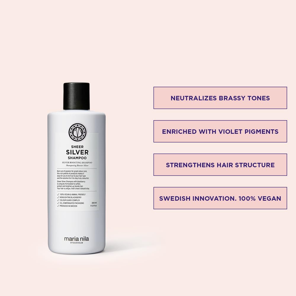 Maria Nila Sheer Silver, Shampoo 11.8 Fl Oz, Neutralizes Golden Shades, Violet Pigments Gives Cool Tone, 100% Vegan & Sulfate/Paraben free