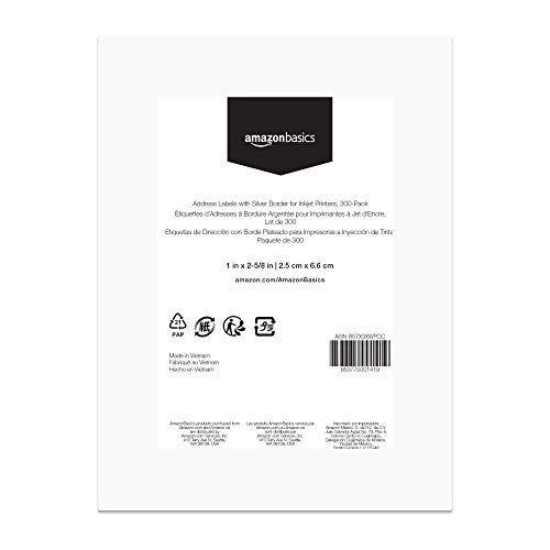 Amazon Basics Address Labels with Silver Border for Inkjet Printers, 1" x 2-5/8", 300-Pack