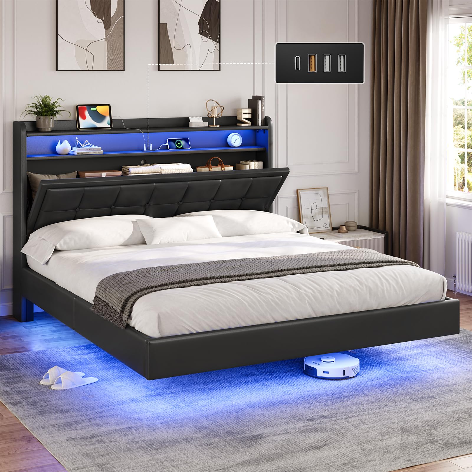 AOGLLATI Floating Bed Frame Twin Size with Storage Headboard,Upholstered Leather Black Led Twin Bed Frame with Charging Station & Led Light and Strong Structure, No Box Spring Needed, Black