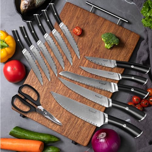 Authentic Damascus Knife Set, Ultra Sharp Blade Ergonomic Non-slip Handle, Kitchen Utensils Set Chef Knife Block Set with Built-in Sharpener, Luxury Gift for Holiday(Silver, 14PCS)