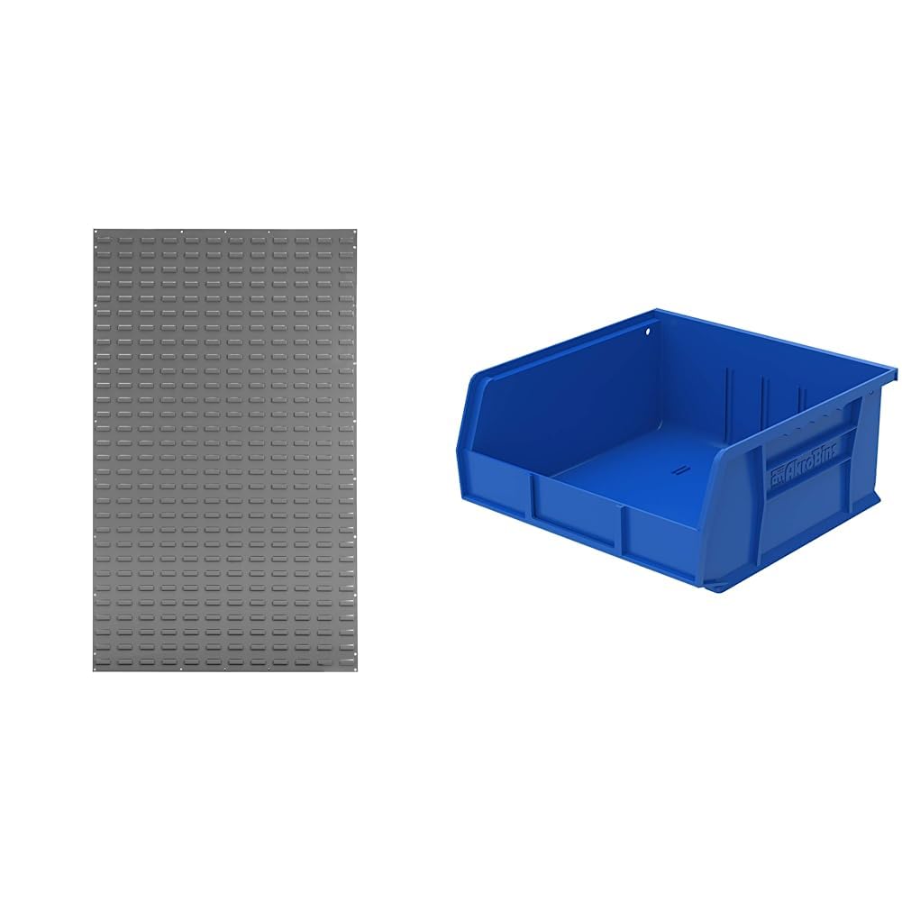 Akro-Mils 30161 Louvered Steel Wall Mount Panel Garage Organizer & 30235 AkroBins Plastic Hanging Stackable Storage Organizer Bin, 11-Inch x 11-Inch x 5-Inch, Blue, 6-Pack