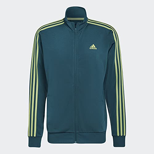 adidas Men's Regular Essentials Warm-Up 3-Stripes Track Jacket, Legacy Teal/Pulse Lime (Primegreen), Medium