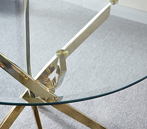 Binrrio 39" Round Dining Table, Modern Clear Beveled Edges Glass Top for 4 with Adjustable Stainless Steel Legs for Home Office Kitchen Dining Room (Gold)