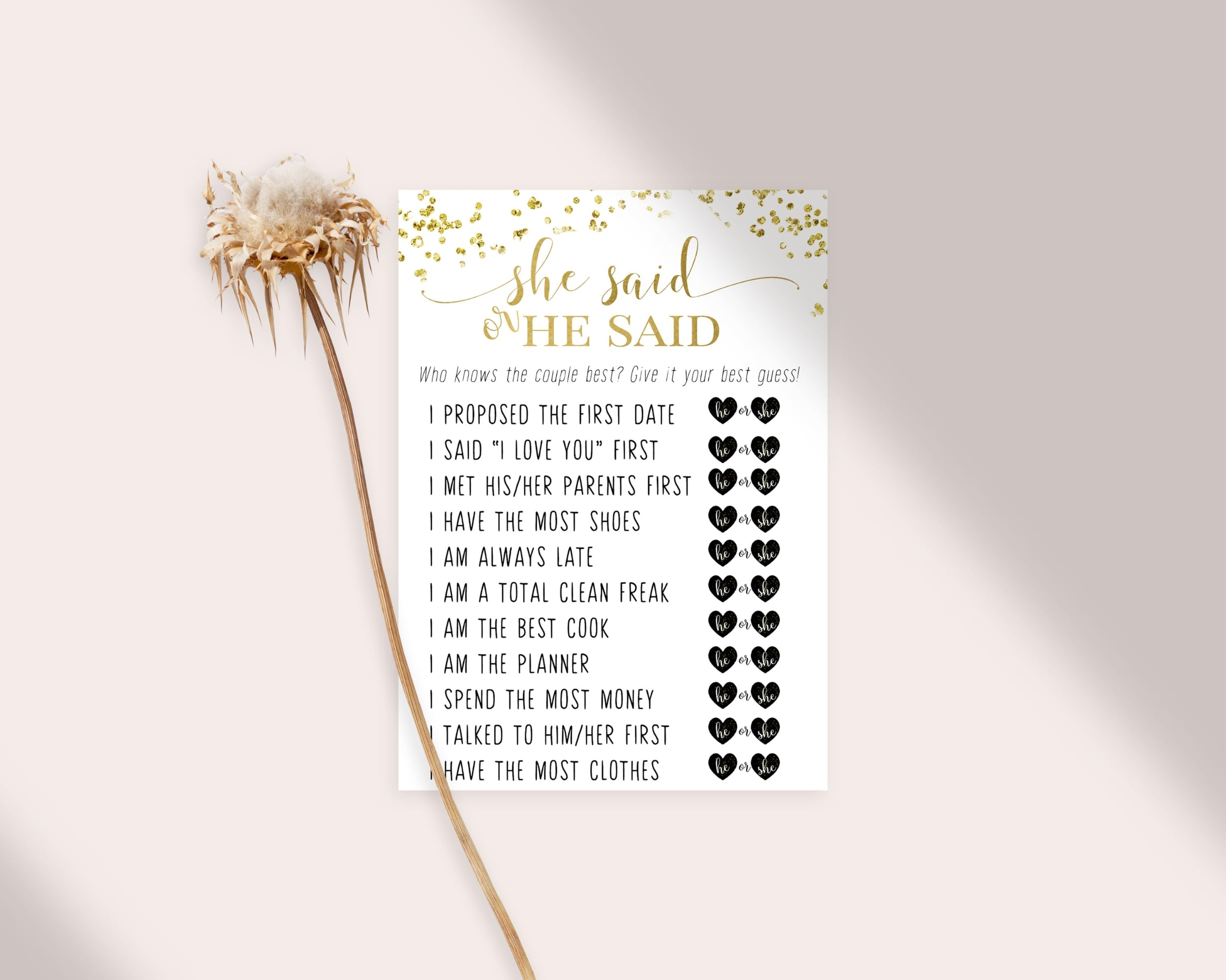 Black and Gold Bridal Shower Game He or She Said β 25 Pack, Couples Wedding Engagement Party Games, Reception Decor and Ideas, Fun Bridal Shower Guest Activities