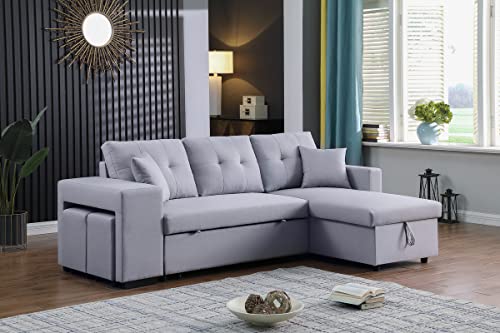 BIADNBZ Convertible Sleeper Sectional Sofa with Reversible Storage Chaise, Modern Linen Fabric L-Shaped Pull Out Couch w/2 Stools,for Living Room Apartment, Light Gray