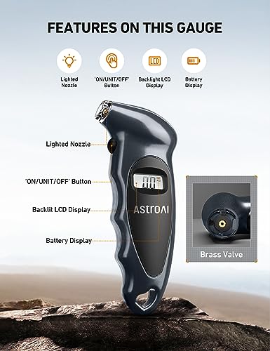 AstroAI Digital Tire Pressure Gauge with Replaceable AAA Battery, 150 PSI 4 Settings Stocking Stuffers for Car Truck Bicycle Backlit LCD Non-Slip Grip Car Accessories, Gray