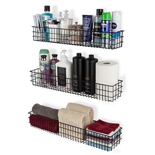 Wall35 Kansas Wall Mounted Black Bookshelf for Kids' Room Decor, Metal Wire Storage Basket Set of 3 (Varying Sizes)