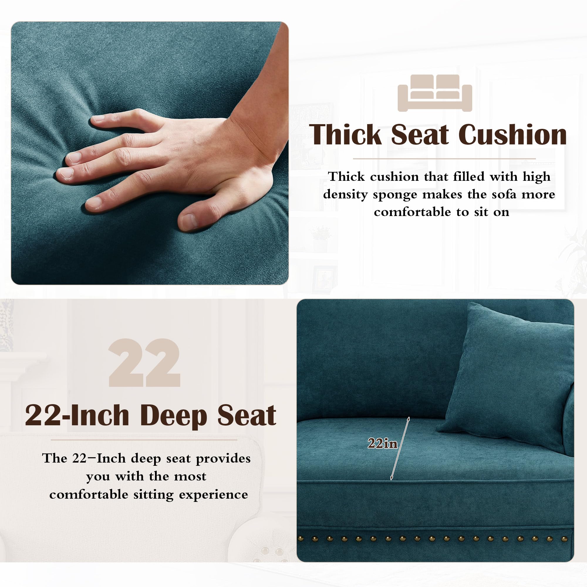 Mid Century Modern Sofa Set, Comfy Chenille Living Room Furniture Sets, Sectional Sofa and Loveseat Set Upholstered Couch Set Nailhead Trim Rolled Arms juegos de muebles de sala (White, 3 Piece)