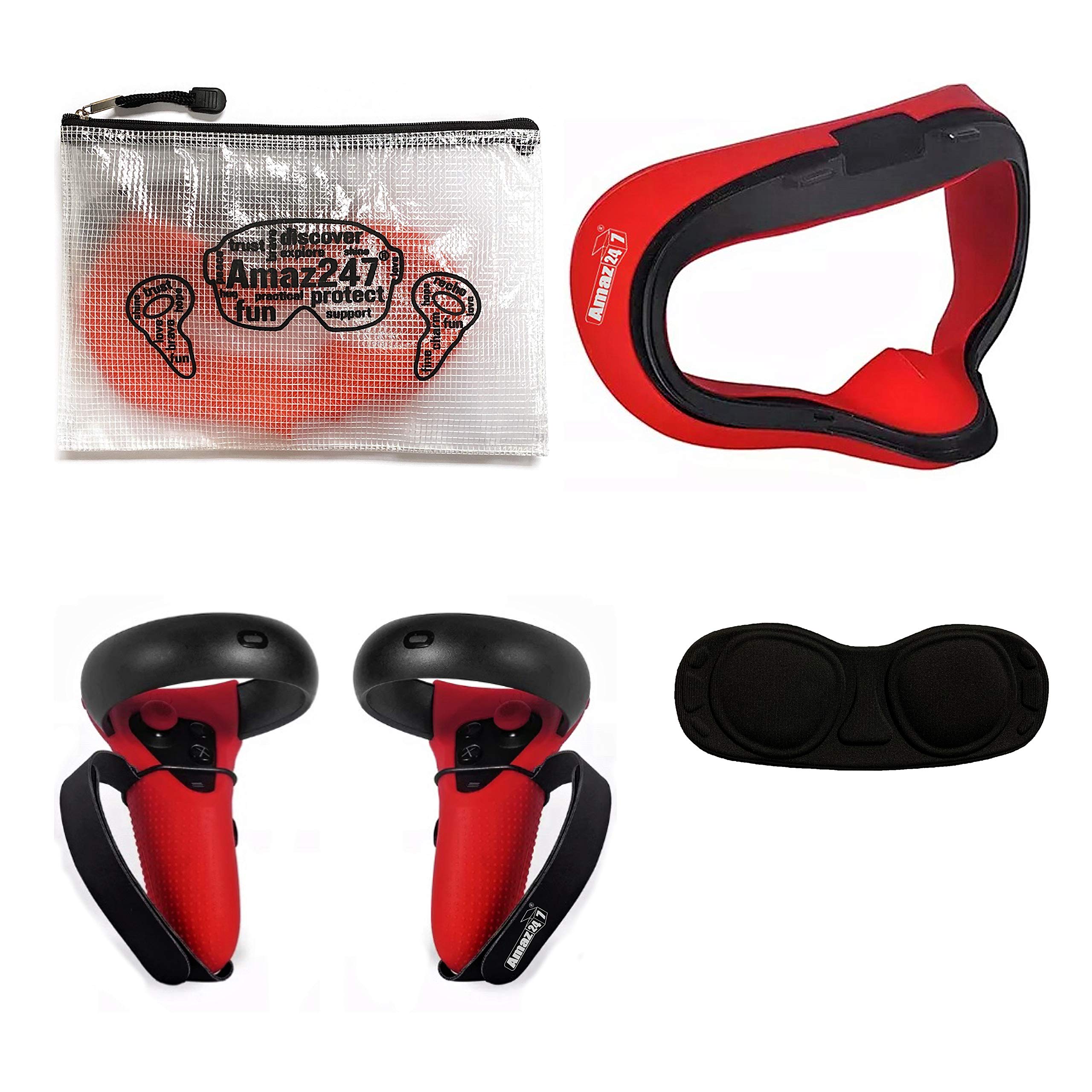 Amaz247 Silicone Anti-leakage Face Cushion Mask, Protective Lens Cover, Controller Grip Cover with Velcro Straps for Oculus Quest VR Headset (Red), NOT FIT OCULUS QUEST 2