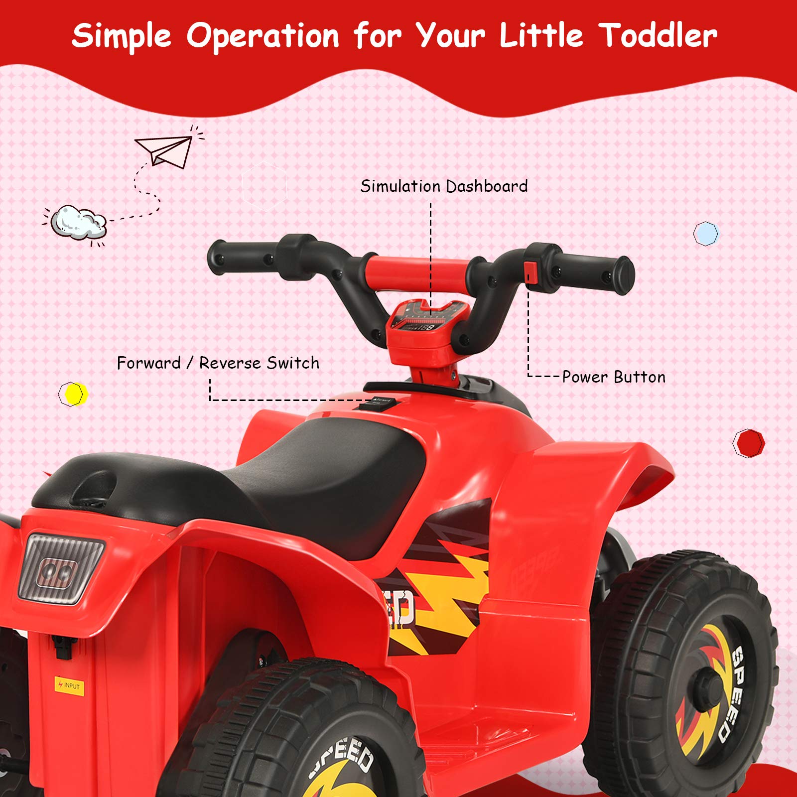 Costzon Kids ATV, 6V Battery Powered Electric Quad, Forward/Reverse Switch, Rear Wheeler Motorized Ride On Mini Vehicle Car for Toddlers Boys Girls, Ride on ATV (Red)