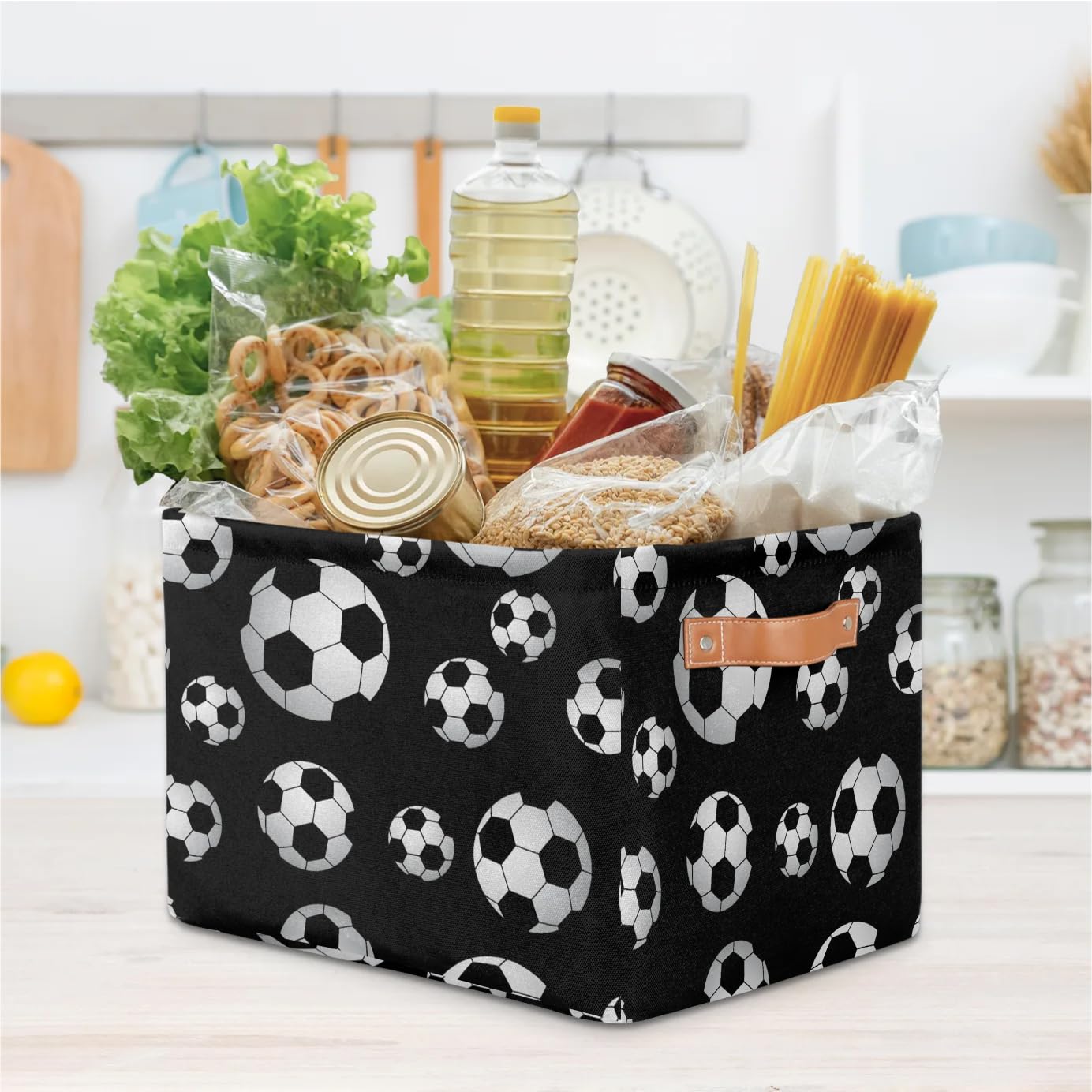 Bardic Soccer Large Foldable Storage Baskets with Handles, Ball Fabric Collapsible Storage Bin Organizer Bag for Girls Storage Toy Home Pet Closets Offices Bedrooms