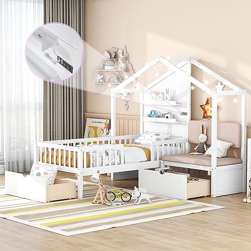 BIADNBZ Wooden Twin Size House Bed with Upholstered Sofa, House Bedframe with Charging Station, Wireless&Charging, Shelves and Two Drawers for Boy/Girl/Bedroom,White