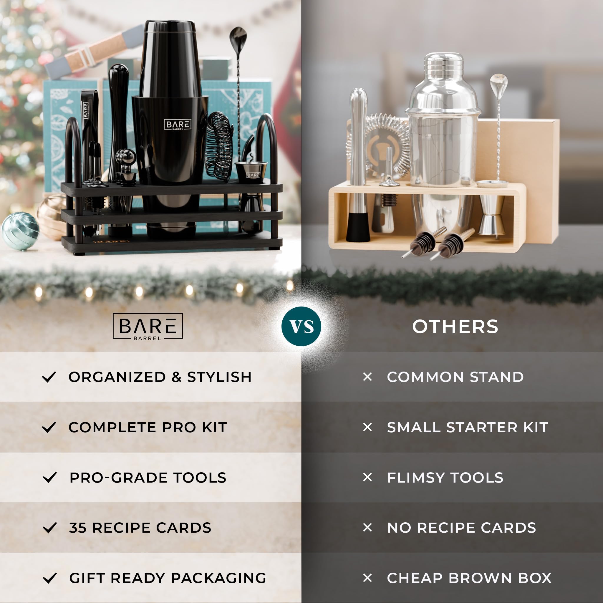 BARE BARREL® Mixology Bartender Kit Bar Set | 14-Piece Cocktail Shaker Set | Martini Barware Mixing Tools for Home Bartending | 35 Recipe Cards | Gift Set (28oz Boston Shaker, Jet Black/Black)