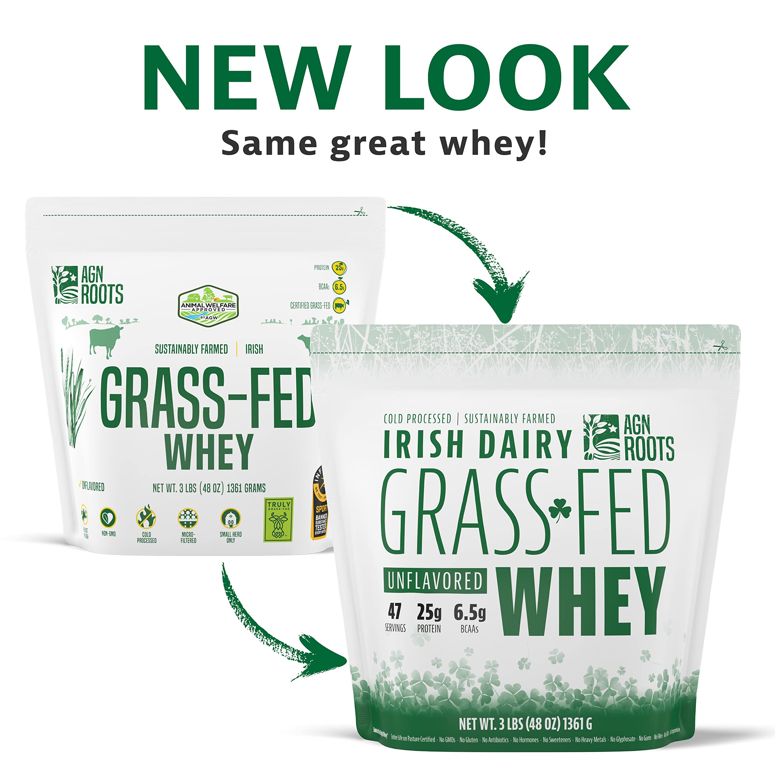 AGN Roots Grass Fed Whey Protein Powder Isolate - Unflavored - Unsweetened - Certified Entire Life On Pasture by A Greener World - ASPCA Registered - Informed Sport - Dairy Protein 1lbs