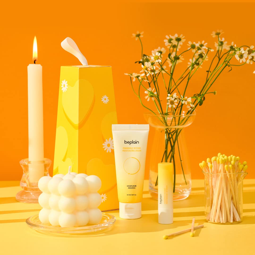 beplain Chamomile Relaxing Gift Set (Face Cream & Lip Balm & Candle) | Skin Care kit Gift Set | Natural Scent Free Korean Skin Care