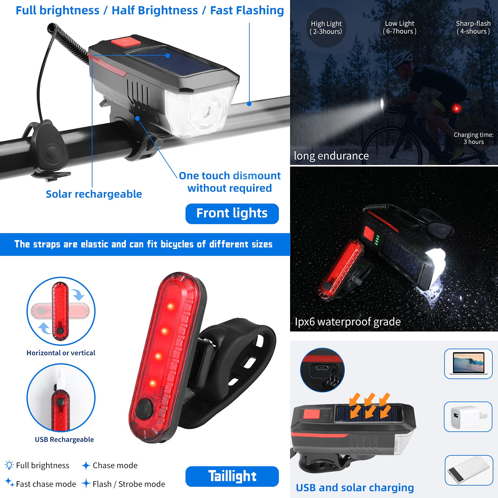 8-Piece Bicycle Accessories, USB Rechargeable Bicycle lamp, Solar headlamp, Bicycle Lock, Bicycle Mobile Phone Rack, Bicycle Water Cup Holder, Bicycle Mirror, Bicycle Bell and air Pump