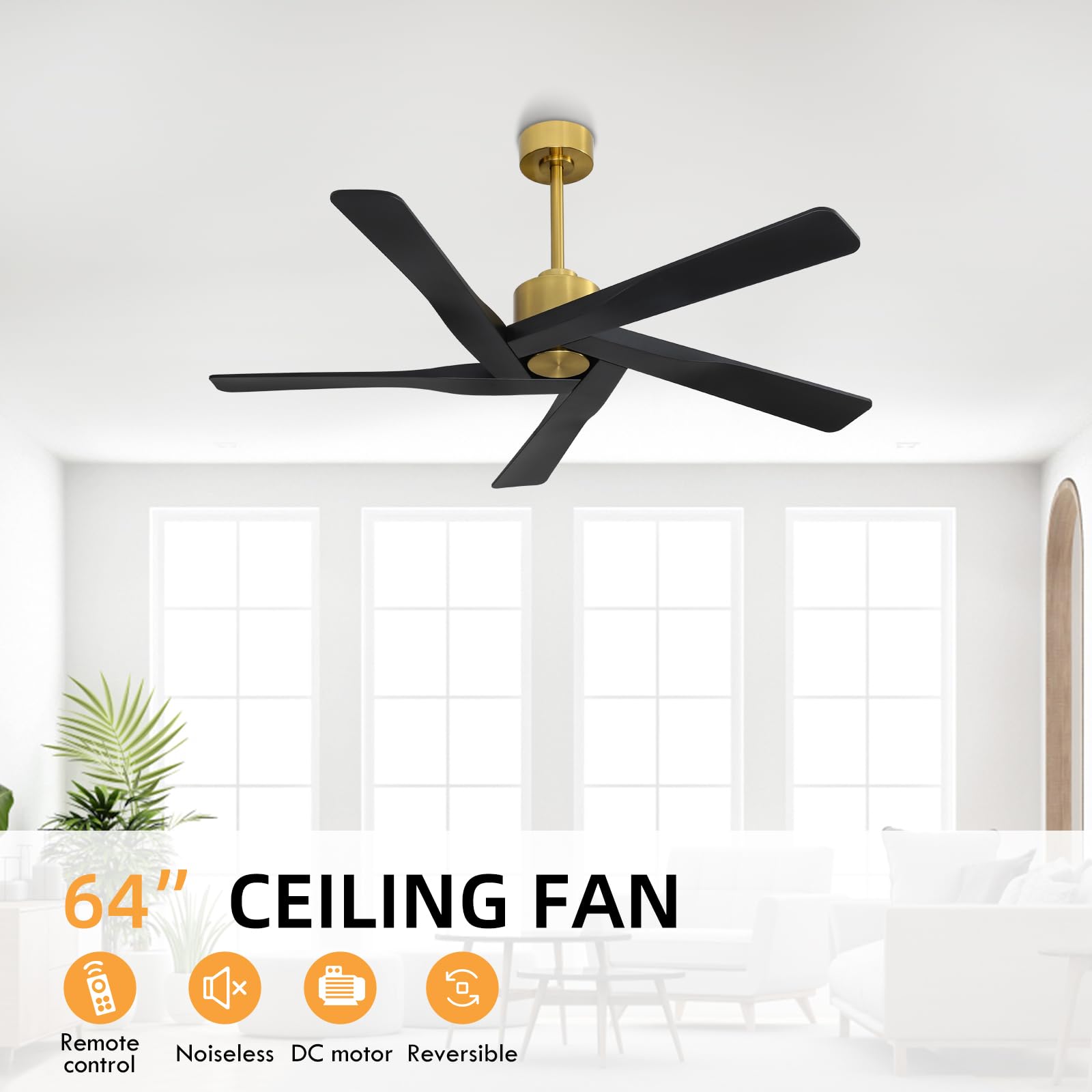 ACOZ 64" ABS DC Ceiling Fan No Light, 5 Blade ABS Plastic Ceiling Fan with Remote, 6-Speed Reversible DC Motor, Ceiling Fan without Light for Kitchen Bedroom Living Room, Brass and Matte Black