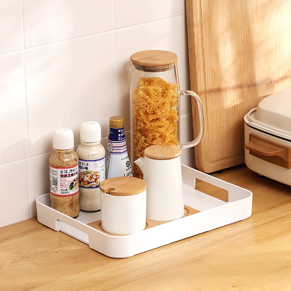 Alacati, White Serving Tray with Handles for Multipurpose, Stackable Rectangle Plastic Serving Platter Ottoman Coffee Table Tray, Decorative Tray for Kitchen Counter Bathroom Vanity Organizing -(L)