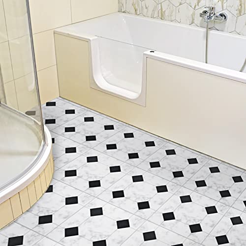 CiCiwind Peel and Stick Floor Tiles 12 PCS-12" x 12" Self Adhesive Black & White Marble Lattic Pattern Floor Tiles for Bathrooms,Kitchen,Living Room,Dining Room