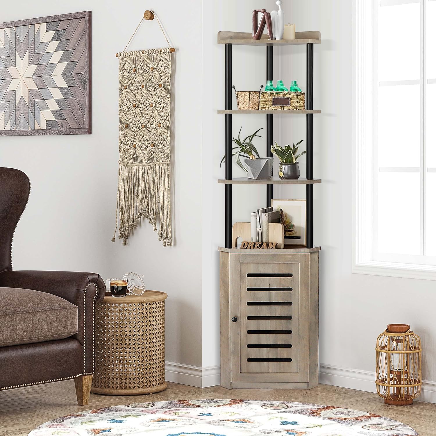 Timberer 6-Tier Corner Shelf with Storage, Corner Bookshelf, 74.2" Tall Corner Stand Display Storage Rack for Living Room, Home Office, Kitchen, Bar, Small Space, Greige and Black