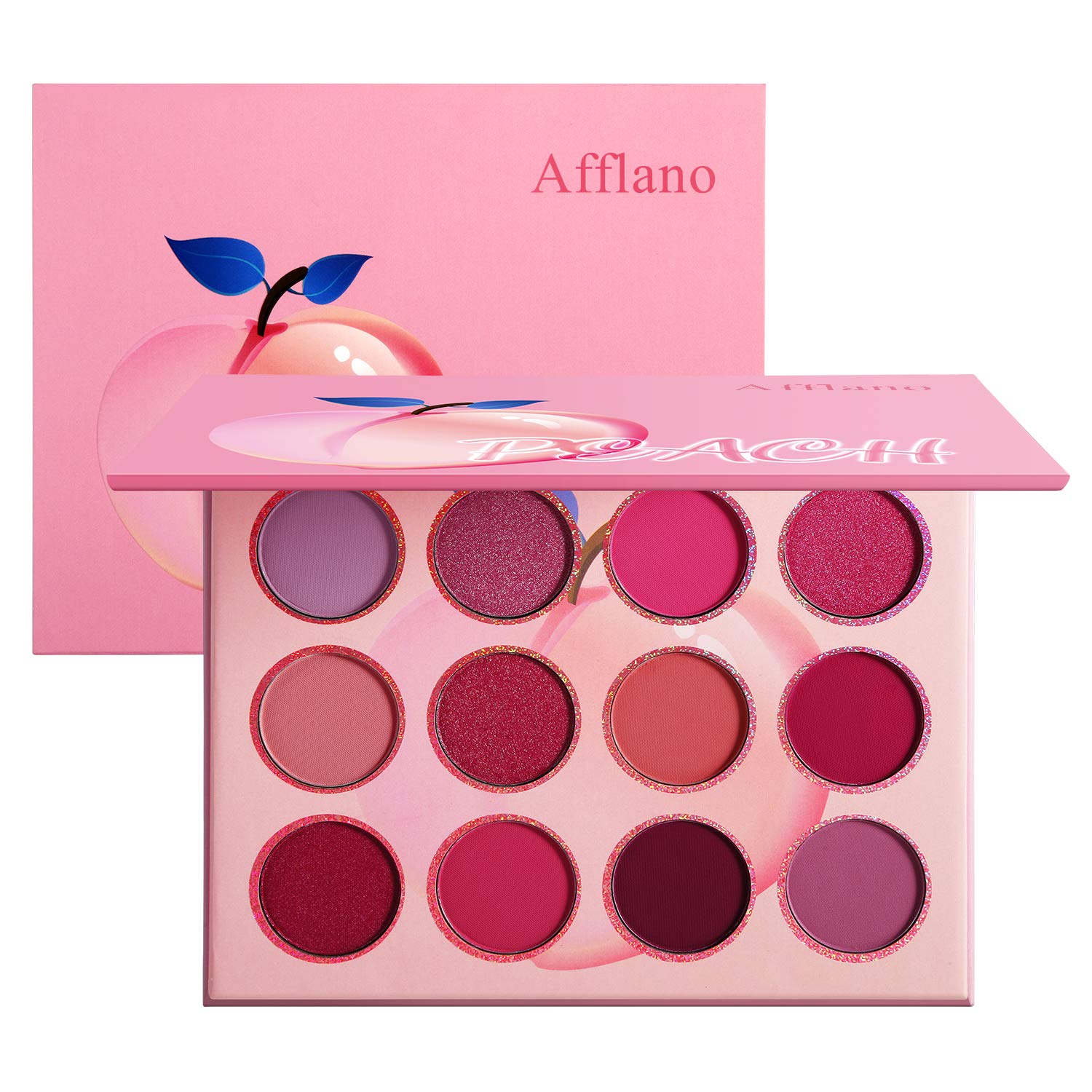 Afflano Pink Eyeshadow Palette Makeup, Pigmented Blendable Pink Eye Shadow Pallet Matte Shimmer, Bright Red Violet Small Cute Peach Eye Palette 12 Color, for Girl Women Mother's Gift