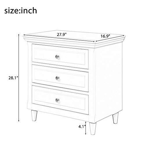 Knocbel 3-Drawer Night Stand, Solid Wood Bedside Nightstand Sofa Side End Table, Fully Assembled, 28.1" H x 27.9" W x 16.9" D (White)
