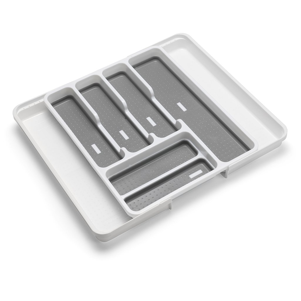 Addis Expandable Drawer Organiser Cutlery Utensil Tray with 6-8 Compartment Holders, White/Grey, 34-58.5 x 41.5 x 5 cm