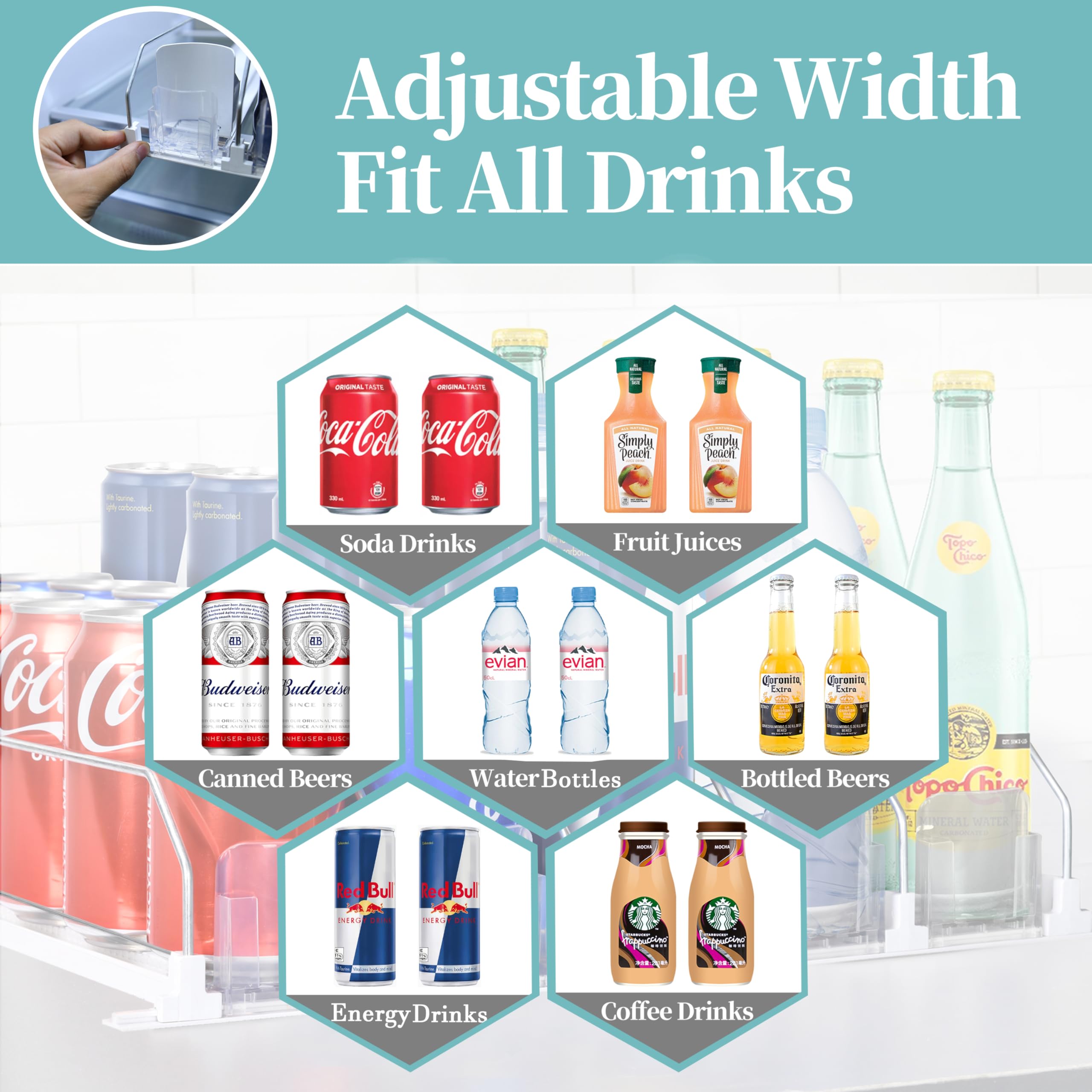 Drink Organizer For Fridge - Fridge Organizers Self Pushing Drink Dispenser, Drink Dispenser for Fridge w/Smooth Spring & Conveyor Belt, Adjustable 6 Can & Can Organizer for Refrigerator, 17.3"D
