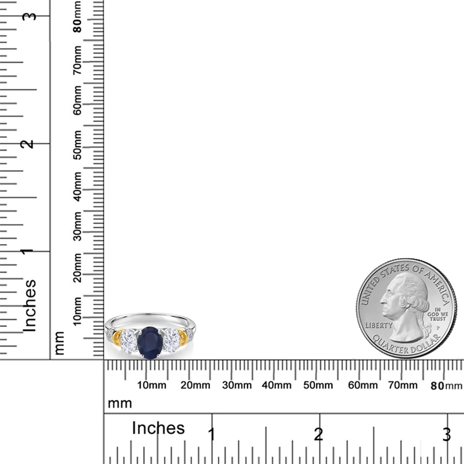 925 Sterling Silver and 10K Yellow Gold Oval Blue Sapphire White Moissanite and White Diamond 3 Stone Ring For Women (2.83 Cttw, Gemstone September Birthstone, Available In Size 5, 6, 7, 8, 9)