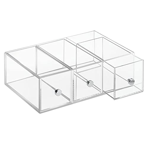 mDesign Plastic Kitchen Pantry Stackable Storage Organizer Container Station with 3 Drawers for Cabinet, Countertop, Holds Coffee, Tea, Sugar Packets, Creamers - Lumiere Collection - 4 Pack - Clear