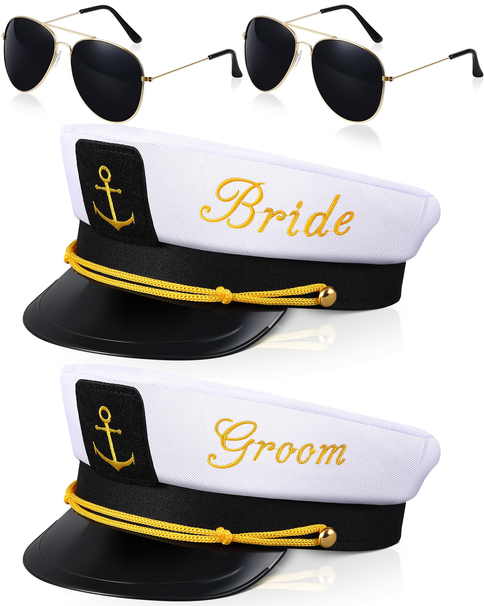 Mepase 4 Pcs Bride Groom Captain Hats and Sunglasses Set Bachelorette Party Hats Captain Hat for Wedding Bridal Shower Honeymoon