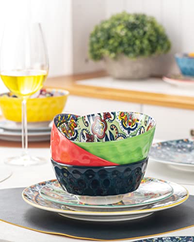 HENXFEN LEAD Ceramic Cereal, Soup Bowls Set of 6-25 Oz Deep Colorful Porcelain Serving Bowls for Dinner, Pasta, Salad, Oatmeal - Bohemian Style