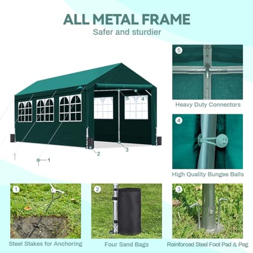 ADVANCE OUTDOOR 10x20 ft Heavy Duty Carport with Window Sidewalls and Doors, Adjustable Height from 9.5 ft to 11 ft, Car Canopy Garage Party Tent Boat Shelter, Green
