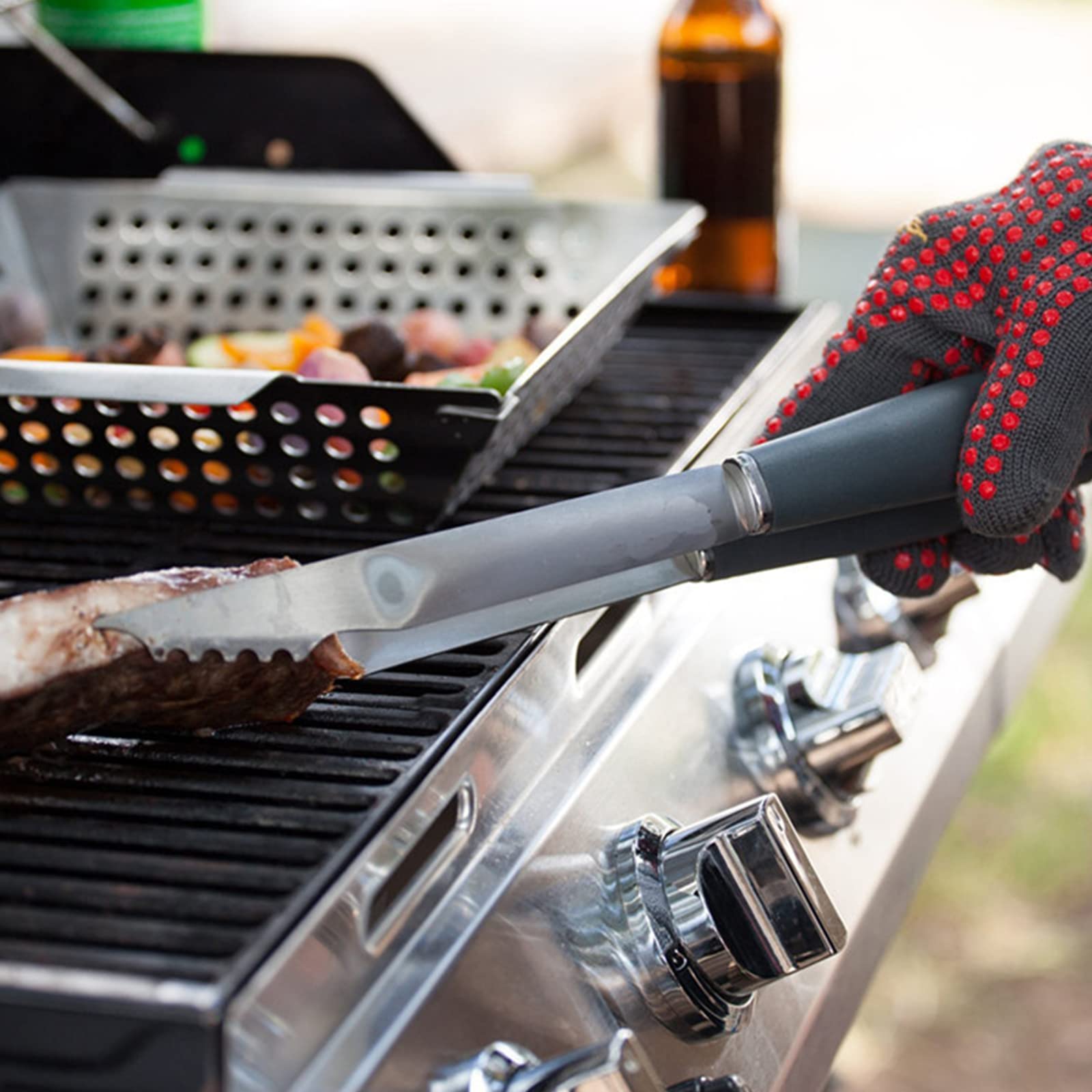 AFFRUI 4-Piece Barbecue Tool Set, Including Tongs, Spatula, Fork, Brush Stainless Steel Barbecue Set for Outdoor Backyard Camping Cooking Set Barbecue Tools, The for Men