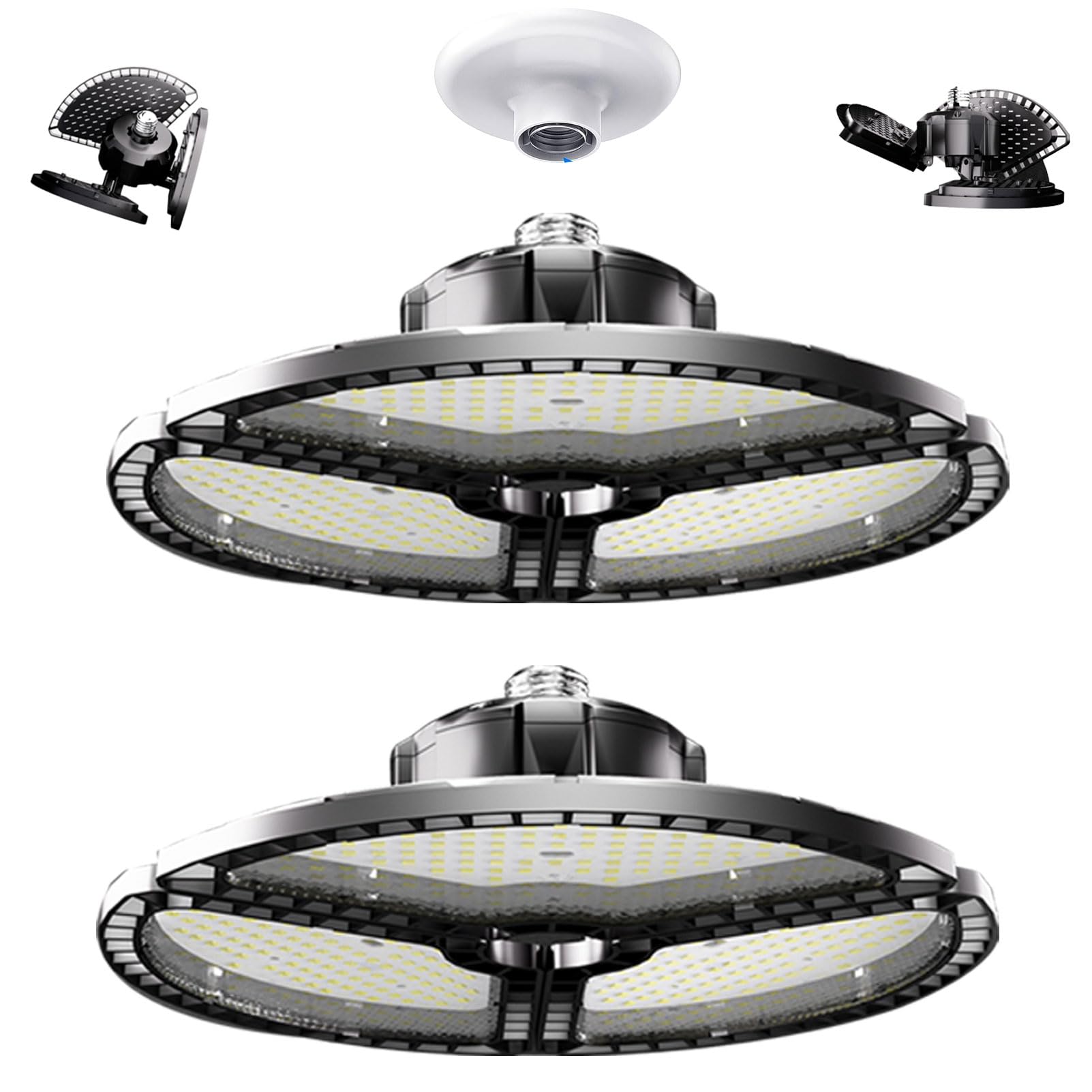 Lightdot E26 LED Garage Low Bay Lights, Large Area Global Lighting, Deformable 3 Panels 100W 18000LM E26/E27 Triple Glow, 5000K LED High Bay Shop Light for Basement Workshop Warehouse-2PACK