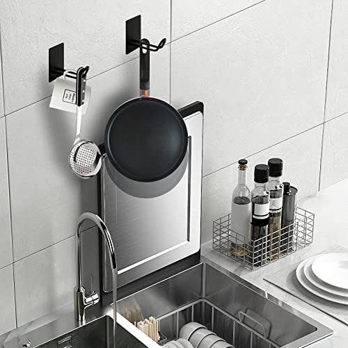 Biomoty Adhesive Hooks, Matte Black Towel Hooks for Bathrooms, Stainless Steel Sticky Hooks for Kitchen Door, Heavy Duty Wall Hooks for Hanging Key Hat Coat Robe Towels, 4 Pack