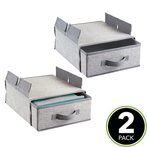 mDesign Soft Fabric Over Closet Shelving Hanging Storage Organizer with Removable Drawer for Closets in Bedrooms, Hallway, Entryway, Mudroom - Textured Print with Solid Trim, 2 Pack - Gray