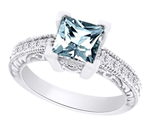 AFFY 1.85 cttw Simulated Blue Aquamarine & White Natural Diamond Vintage Engagement Wedding Ring in 14k White Gold with Ring Size 13.5
