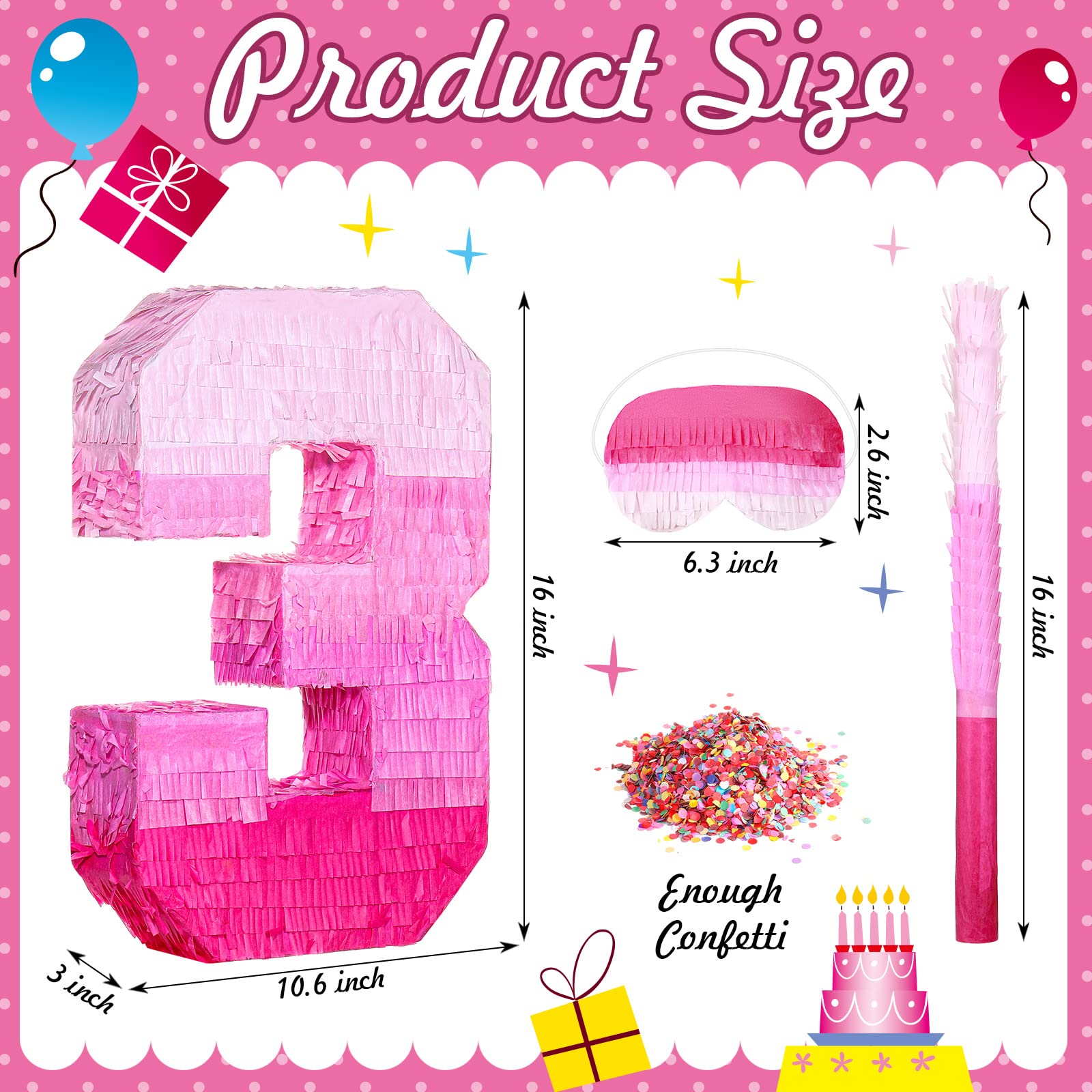 Number piñata Number Birthday piñata Decorations Gradient Pink piñata with Stick Blindfold Confetti for Girls Boys Birthday Anniversary Party Decorations Supplies (Number 3)