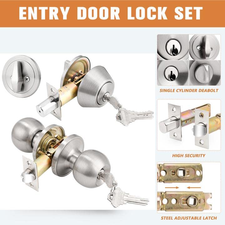 Probrico 3 Pack-Entry Door Knob and Deadbolt Lock Set, handleset with Single Cylinder Deadbolt Keyed Alike Combo Pack, Right or Left Handed, Entry Door Lever Exterior and Interior