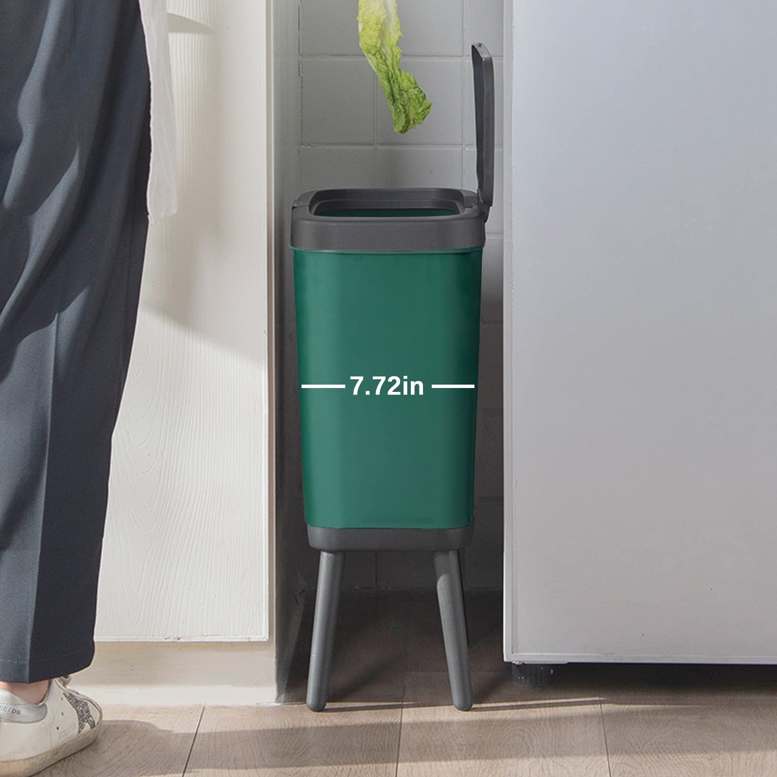 URALFA Slim Trash Can with Lid, Modern Kitchen Garbage Can Narrow Trash Can with Legs, 4 Gallon Garbage Bin Plastic Waste Basket Gold Edge for Bathroom, Office, Bedroom, Living Room, Green