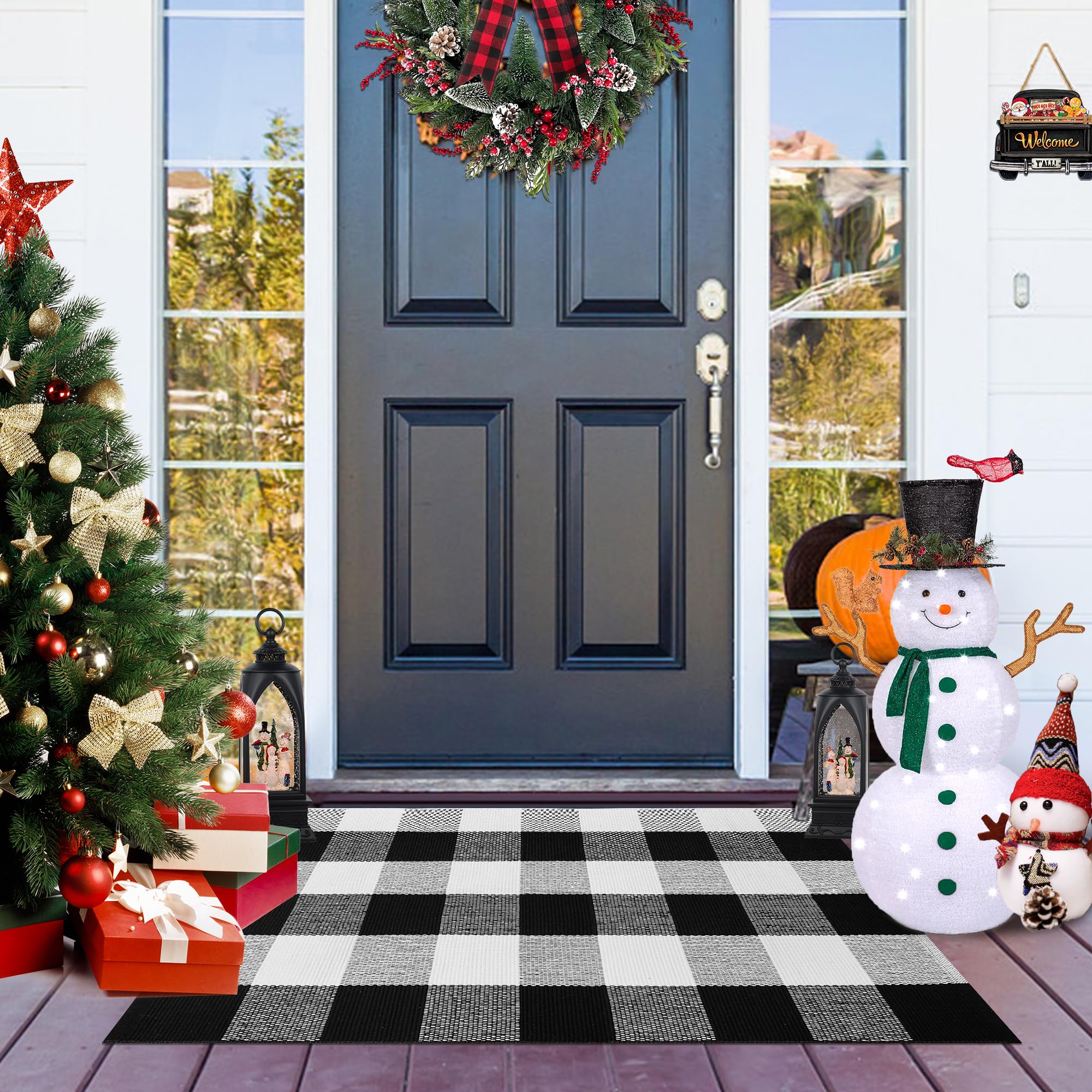 Aoczes Buffalo Plaid Outdoor Rug 2x3 Cotton Woven Rug Black and White Checkered Rug Washable Front Porch Rug Fall Layered Door Mats Carpet for Indoor Outdoor Entryway Farmhouse Decor Area Rug