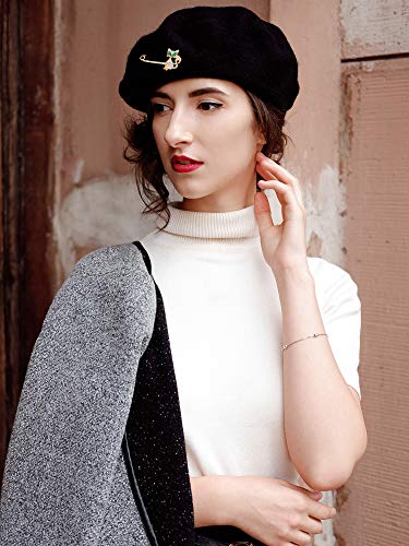 6 Pieces Wool Beret Hat Solid Color French Beanie Hat with Silky Scarf Brooch (Black and Beige)