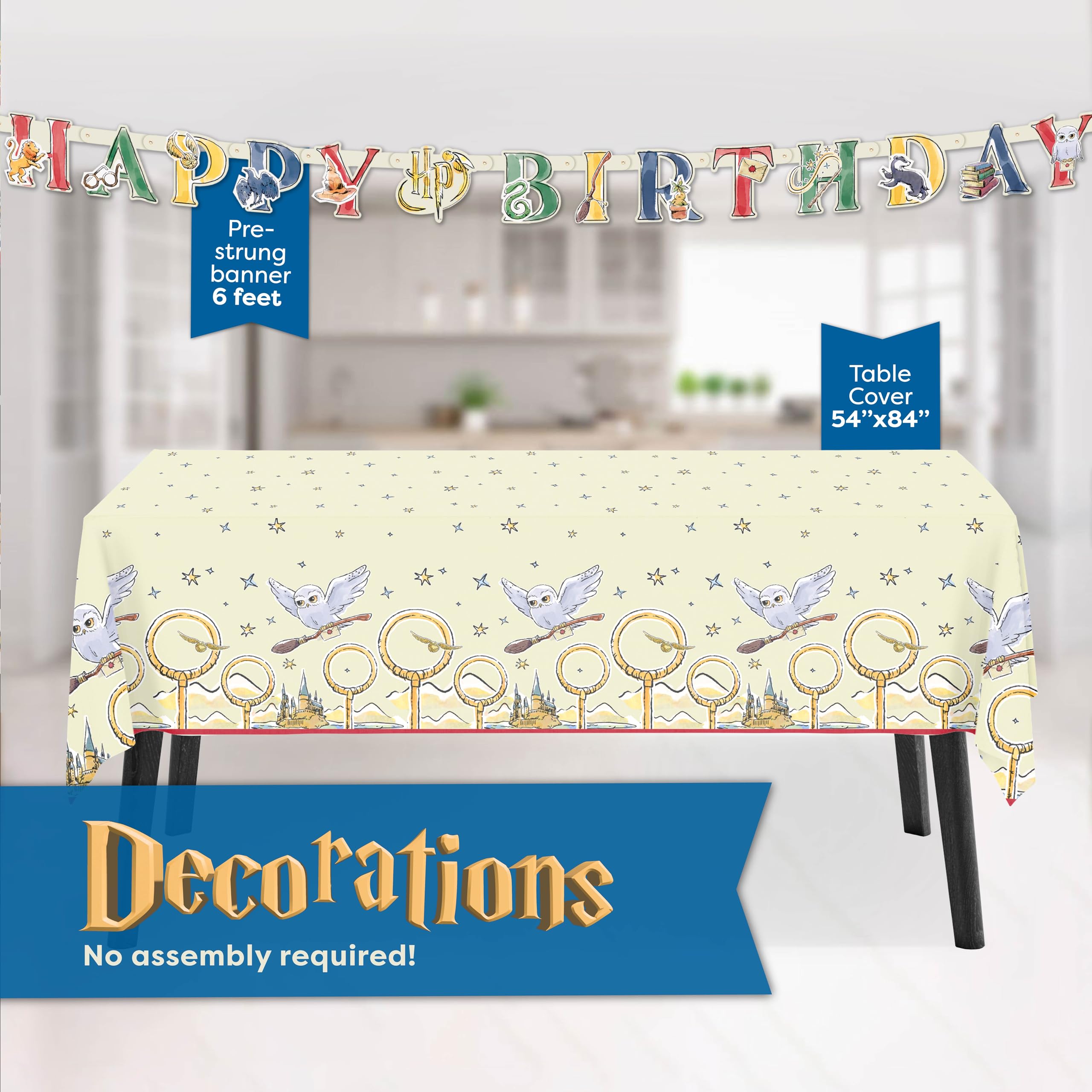 Harry Potter Birthday Decorations Kit | Harry Potter Birthday Party Supplies | With Harry Potter Table Cover, Banner, Dinner Plates, Napkins, Candles, Button | Serves 16