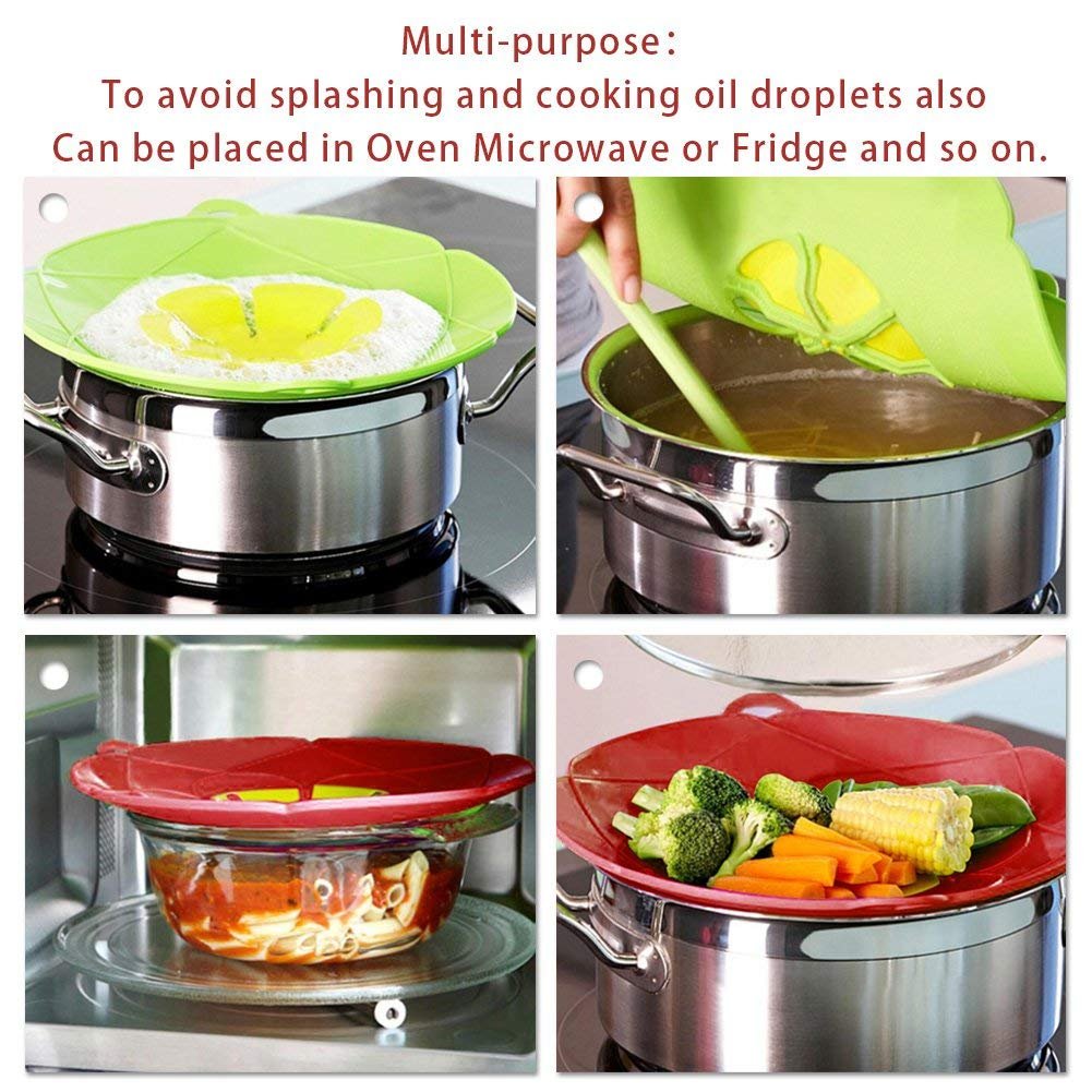 AUANDYU 2 X Spill Stopper Lid Cover And Spill Stopper, Boil Over Safeguard,Silicone Spill Stopper Pot Pan Lid Multi-Function Kitchen Tool (Green And Red)