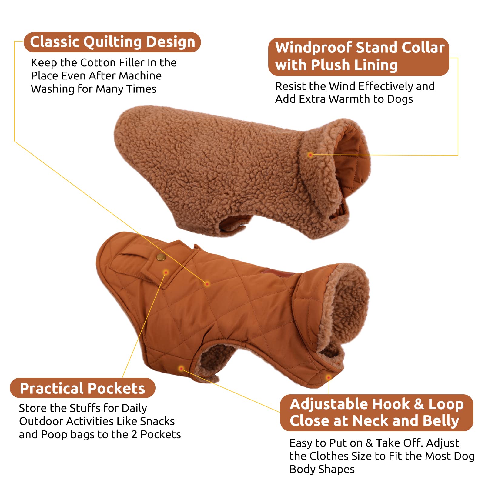 Queenmore Warm Dog Coat, Cold Weather Puffer Dog Coat, Quilting Winter Dog Jacket Ultra Thick Plush Lining with Storage Pockets (Brown, Small)