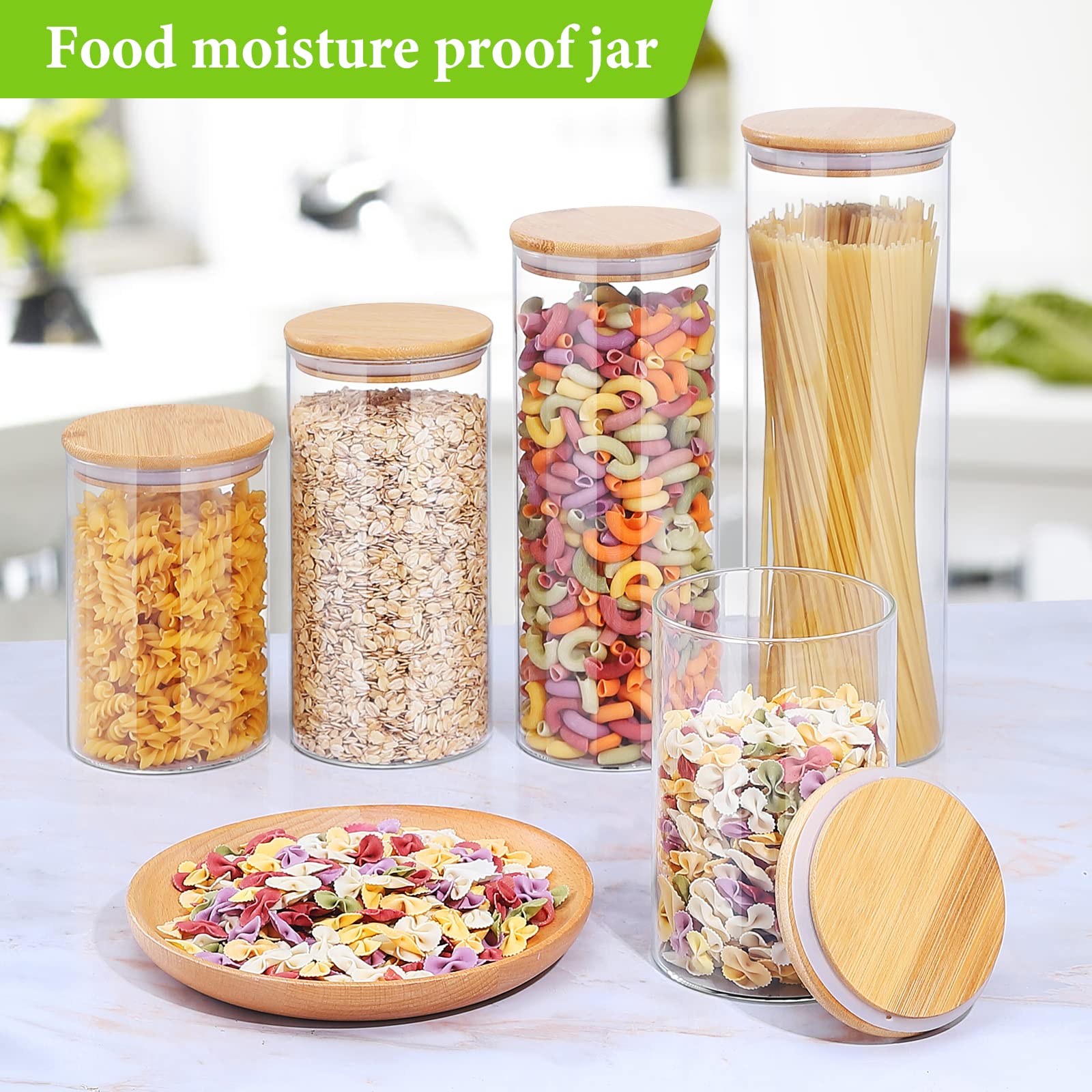 ABUVOV 5PCS Glass Storage Jars with Airtight Bamboo Lid Food Storage Containers Stackable Kitchen Cylinder Canisters for Candy, Cookie, Sugar, Flour, Pasta, Nuts and Spice Sealing and Preserving