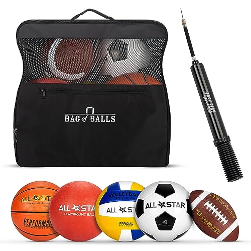 Complete Sports Ball Set - Outdoor Sports Balls in Carry Bag - Sport Balls Kit with Pump for Adults and Kids - Branded Soccer Ball, Basketball, Volleyball, American Football, Dodgeball Playground Ball