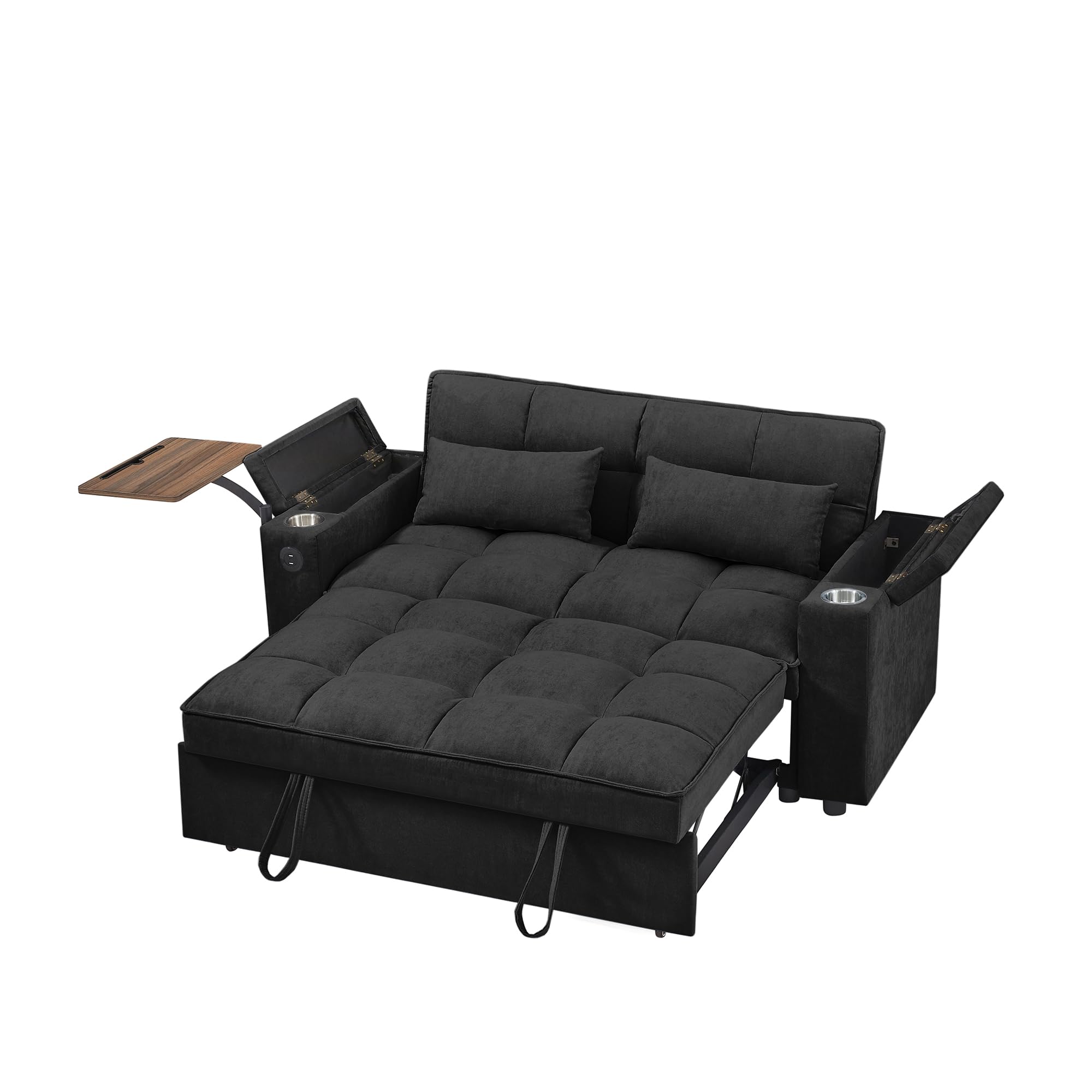 Auvsoce 65'' Convertible Queen Size Sleeper Sofa Bed.Modern Chenille Fabric Sofa with Pull Out Bed and 360 Degree rotatable Side Table for Living Room,RV, Trailer, Basement, Big Horn (Black)