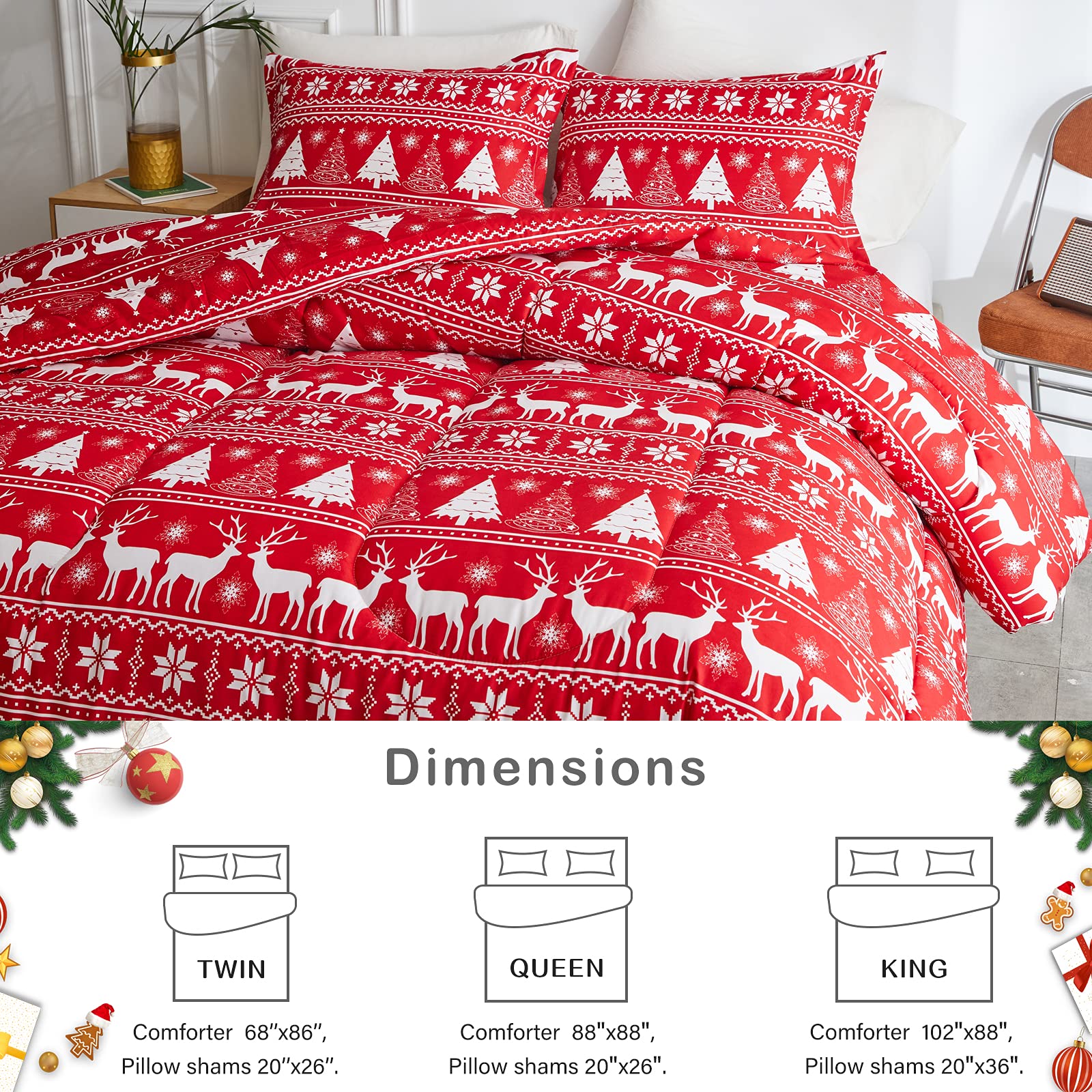 Flysheep Christmas Comforter Set 3 Pieces Twin Size 68x88 inches, Red White Snowflake and Deers Trees Reversible Design, Soft Microfiber Lightweight Bedding Sets for Kids